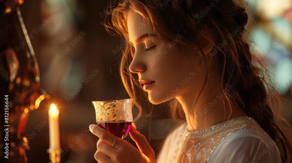 A young woman partaking in communion where the wine and bread represent ...