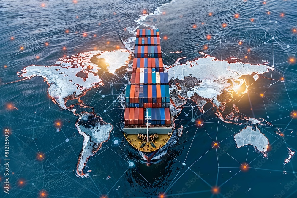 Aerial top view of cargo maritime ship with contrail in the ocean ship ...