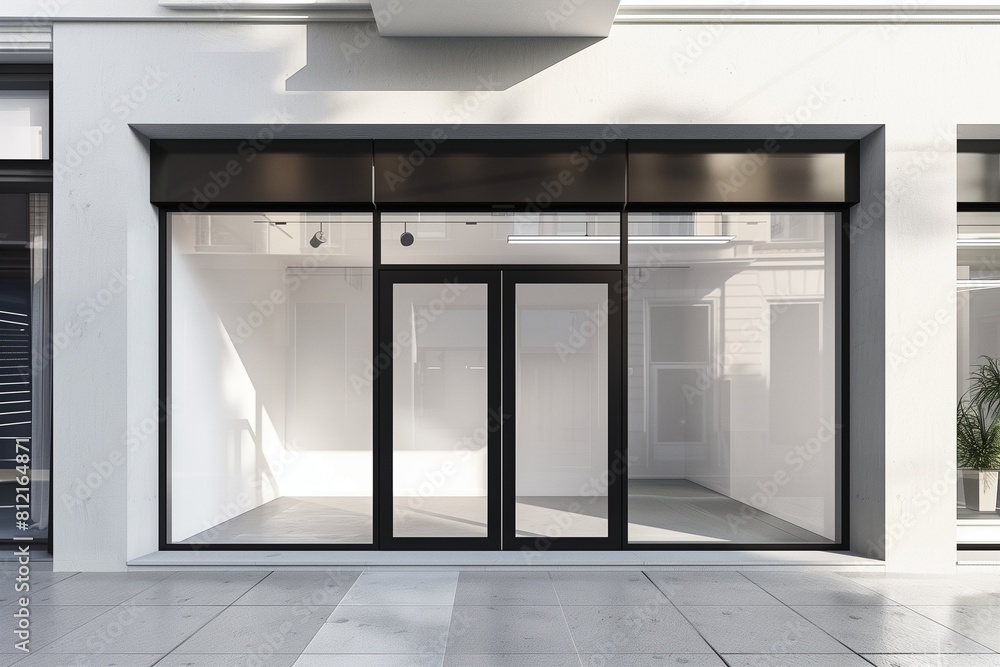 The white storefront is built with glass and a black aluminum frame. An ...