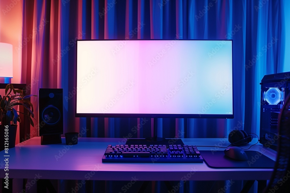Gamer computer set Blank monitor screen in colorfully lit room for ...