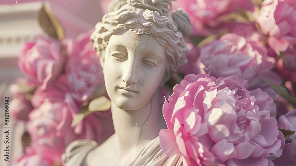 ancient greek goddess statue with pink peonies bouquet feminine beauty ...