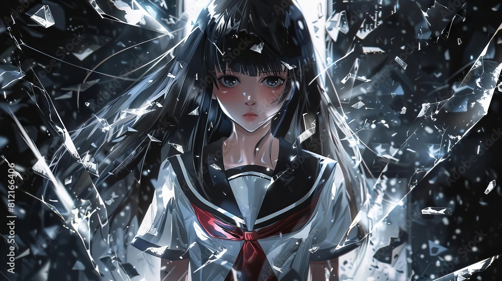 anime girl in school uniform surrounded by shattered glass dramatic and ...
