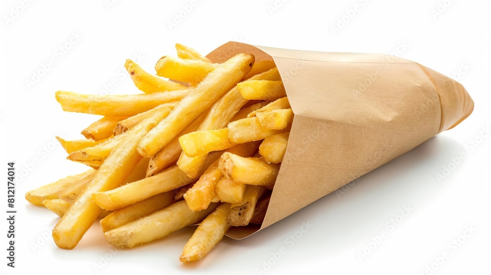 crispy golden french fries in paper wrapper fast food isolated on white ...