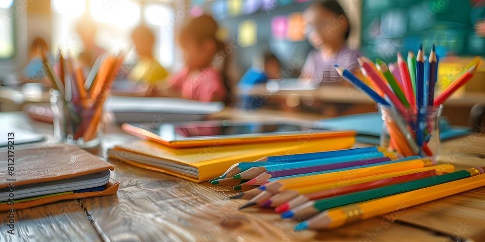 Brightly colored pencils on a school desk with students working in the ...