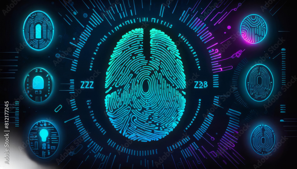 neon glowing fingerprintcyber security background biometrics ...