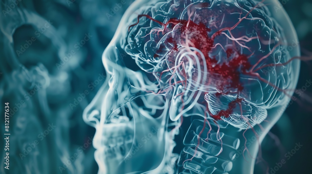 This image shows a brain with a blood clot. The clot is blocking the ...