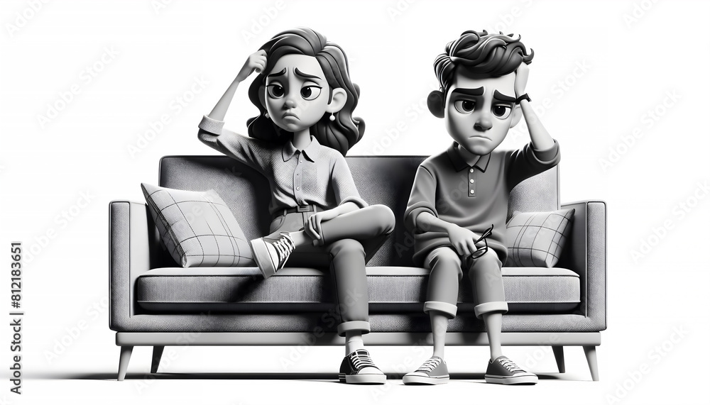 Young Couple Upset: Animated Caricature Having Disagreement on Couch in ...