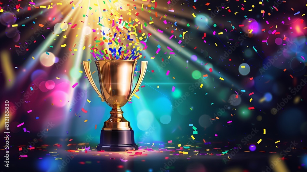 Celebration of Success: Golden Trophy Under Spotlight with Confetti on ...