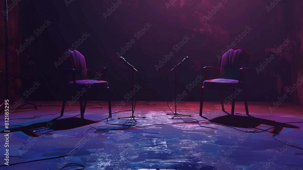 intimate interview setting with two chairs and microphones dark ...