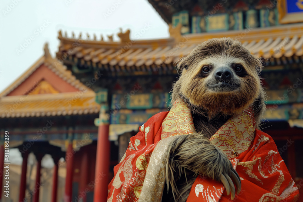 Beijing. A sloth in a red robe stands before a temple in front of Chinese architecture ...