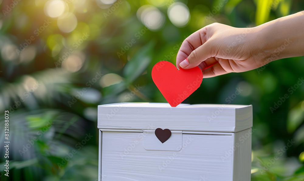 The photo shows a woman's hand inserting a red paper heart into a hole ...