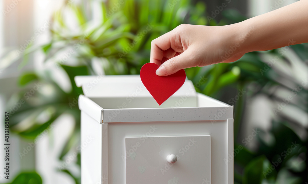 The photo shows a woman's hand inserting a red paper heart into a hole ...