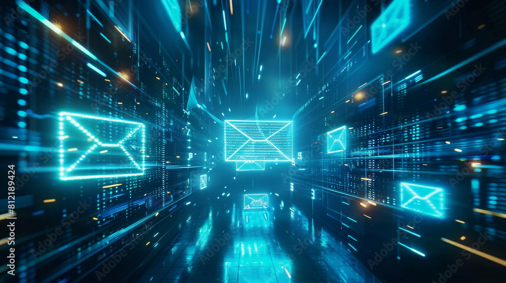Digital eEW Carlo design of mail in virtual space with glowing blue ...