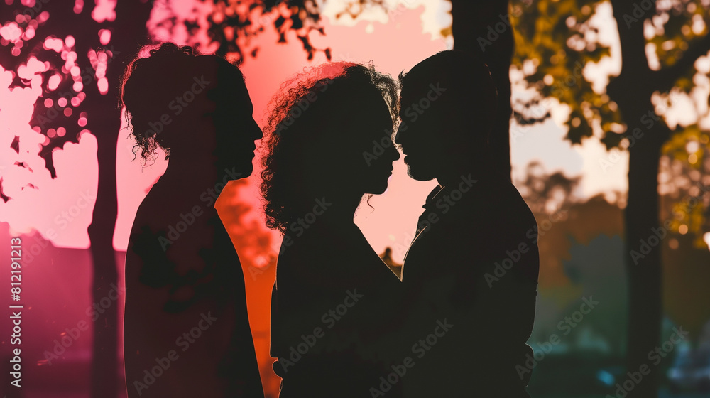 Silhouette of three individuals at sunset, featuring a couple kissing ...
