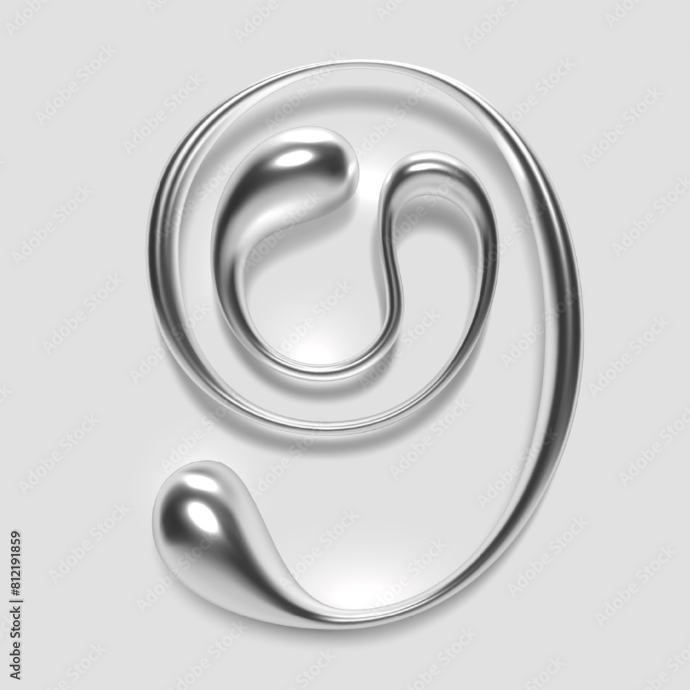 3D chrome number nine, numeral 9 in dripping liquid metal with glossy ...