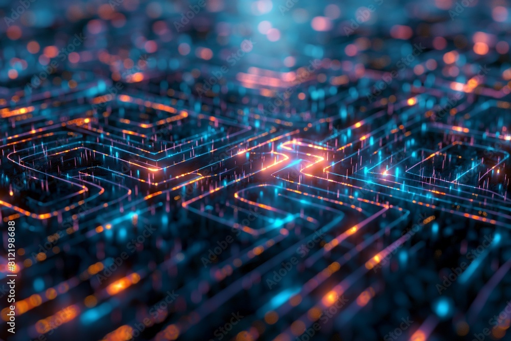 Maze graphic background shows coding and data. Dark image with orange ...