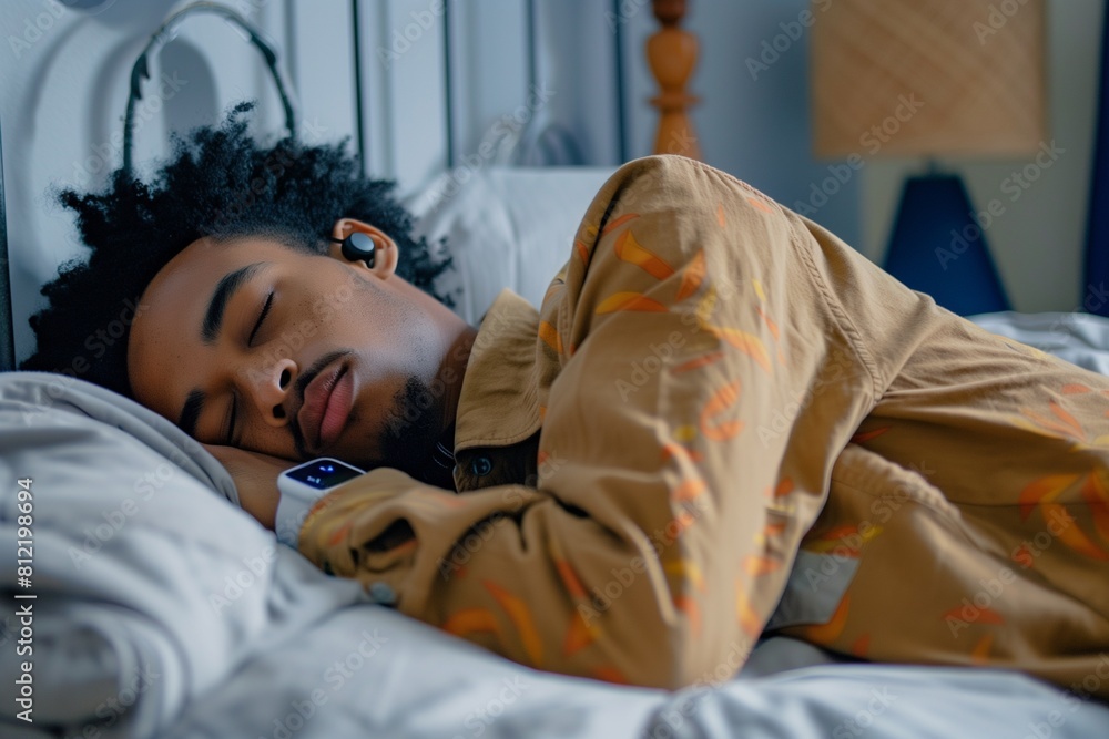 A young man with dark skin wears a mobile device, Bluetooth headphones ...
