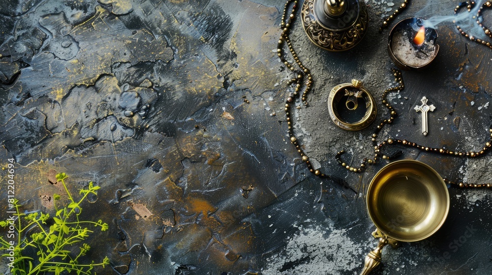 Sacred Ritual: Luxury Stone Background with Orthodox Rosary and Censer ...