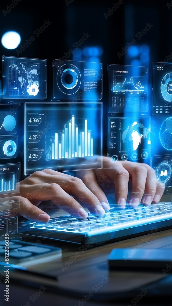 Futuristic Holographic Keyboard, Virtual Data Innovation, Hands typing ...