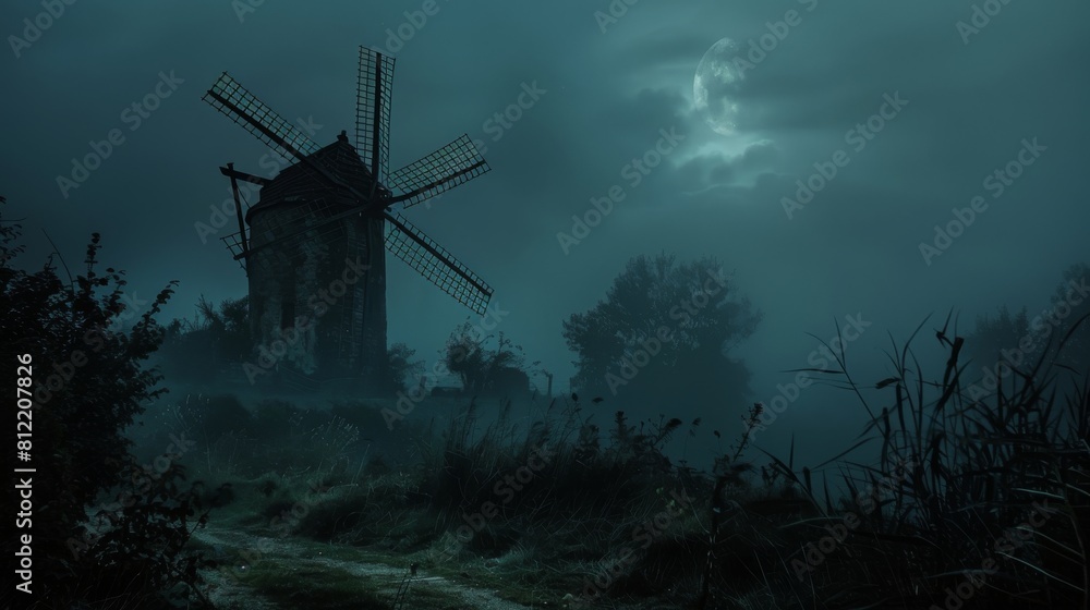 Mysterious foggy windmill at night perfect for Halloween or gothic ...