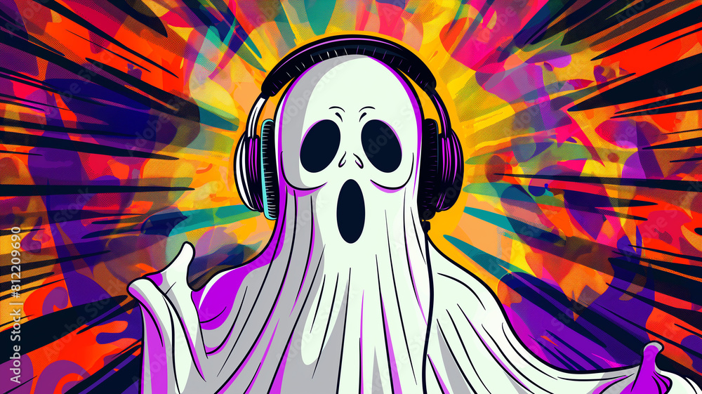 Pop art comic ghost listening to songs with headphones poster. Colorful ...