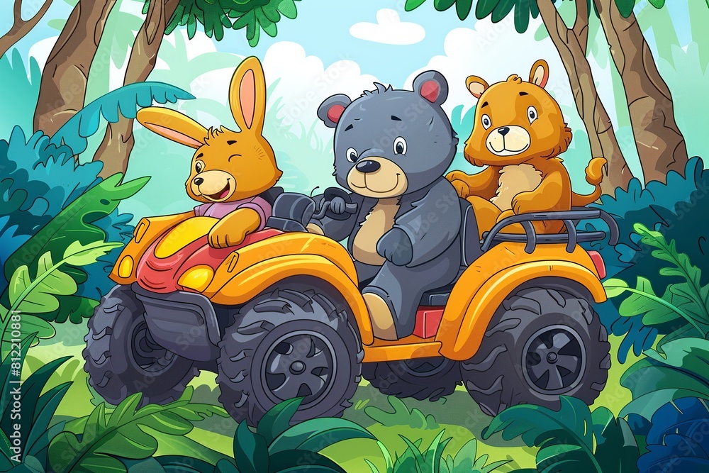 A simple outline drawing of a cartoon quad bike with chunky tires ...