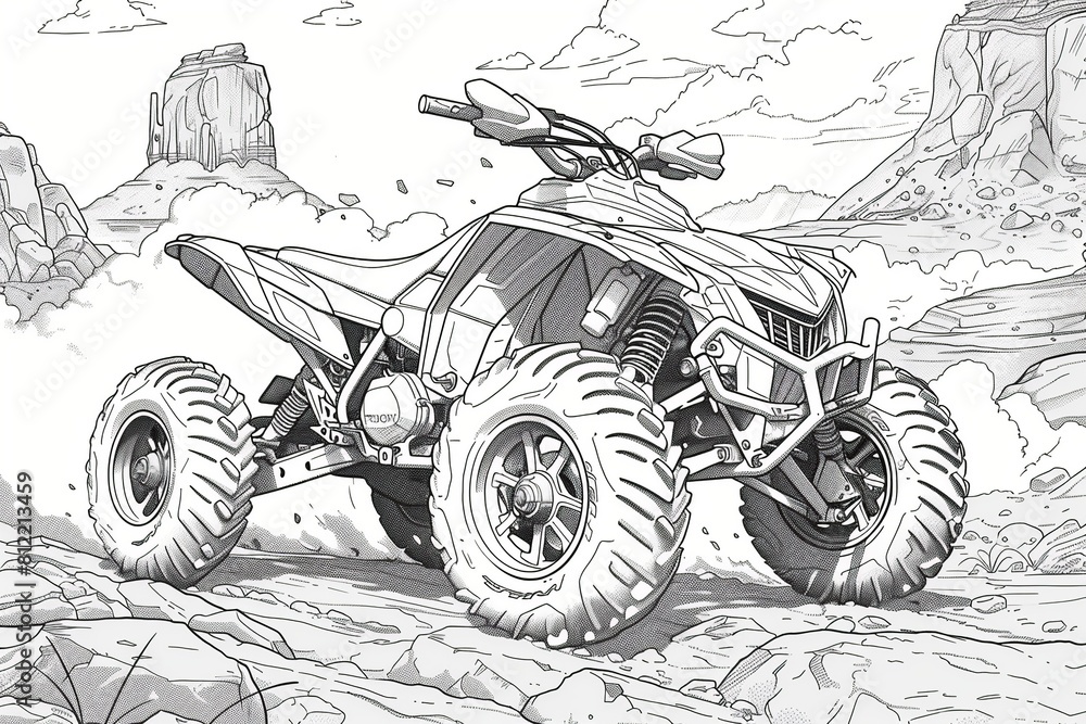 A simple outline drawing of a cartoon quad bike with chunky tires ...