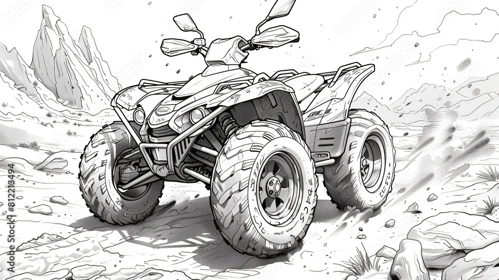 A simple outline drawing of a cartoon quad bike with chunky tires ...