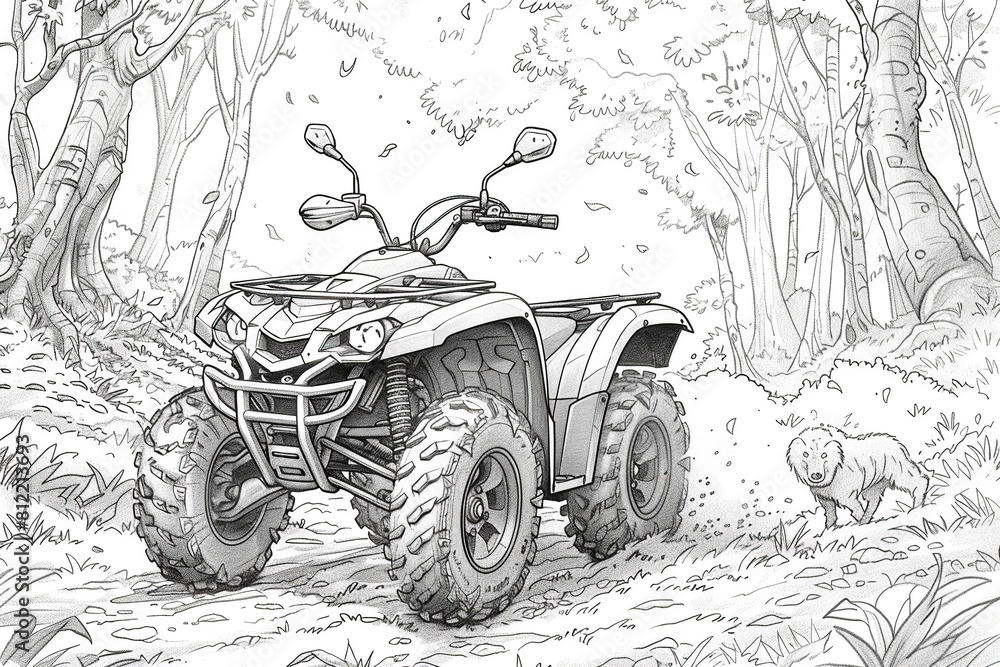 A simple outline drawing of a cartoon quad bike with chunky tires ...