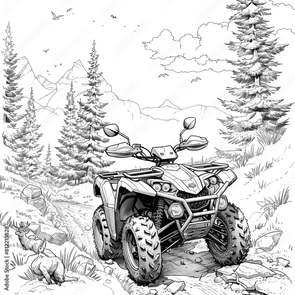 A simple outline drawing of a cartoon quad bike with chunky tires ...