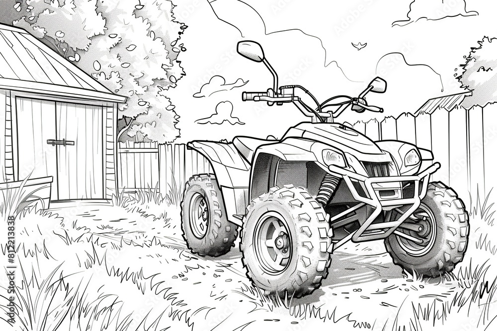 A simple outline drawing of a cartoon quad bike with chunky tires ...