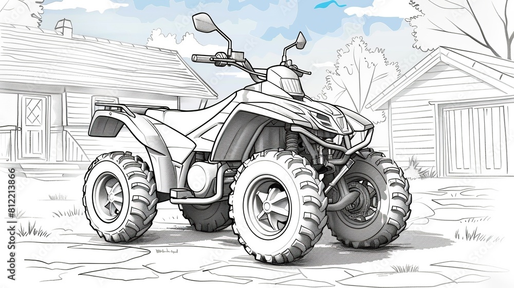 A simple outline drawing of a cartoon quad bike with chunky tires ...