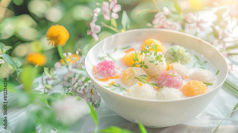 Bowl of Bua Loi with multi-colored rice balls in coconut milk, outdoor ...