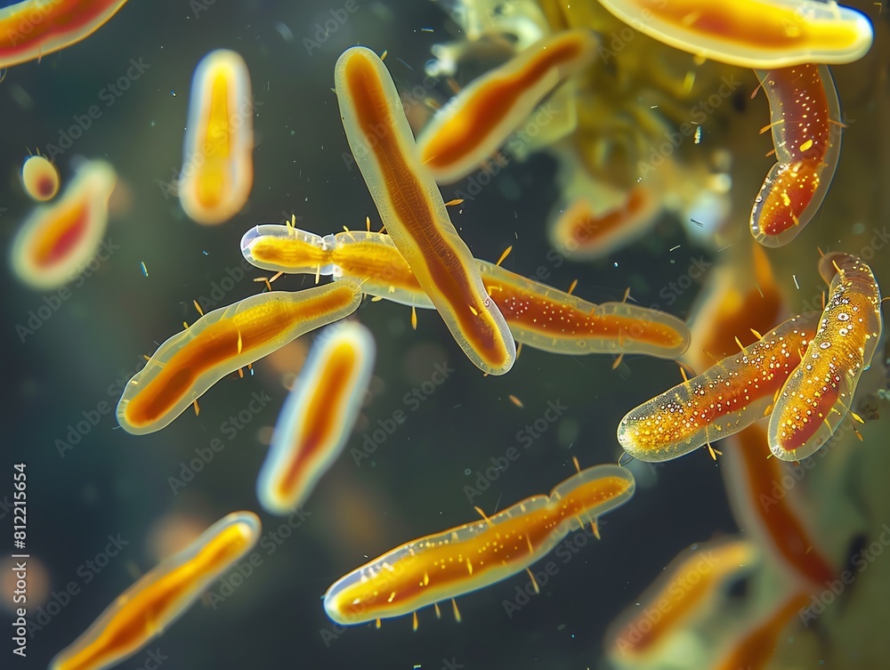 Tiny orange worms with white bristles swim in the ocean. The worms are ...