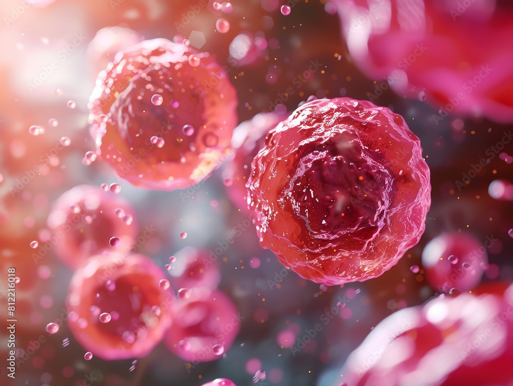 3D illustration of a group of pink and red cells. The cells are ...