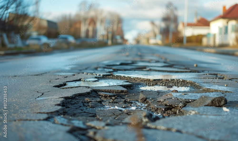 On the damaged city street, you can see numerous defects in the asphalt ...