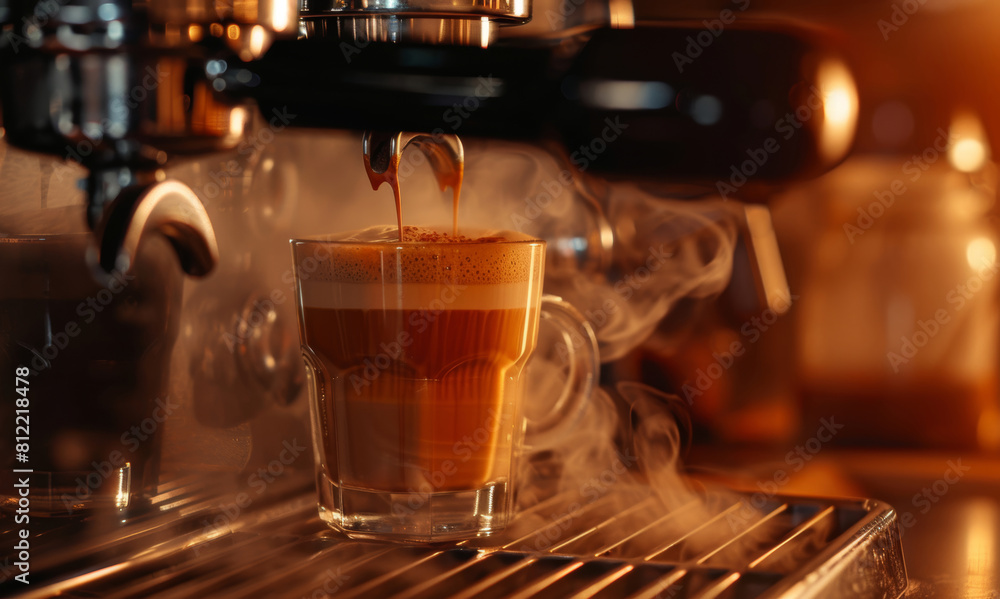Rich espresso flowing into a latte glass under the warm ambiance of a ...
