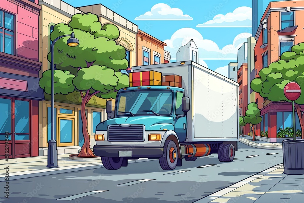 A simple outline drawing of a cartoon truck with big wheels, driven by ...