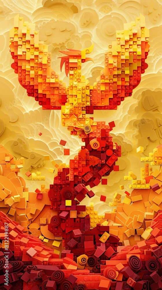 Lego Phoenix Rising from a Textured Sea of Brick Patterns in a Mythical ...