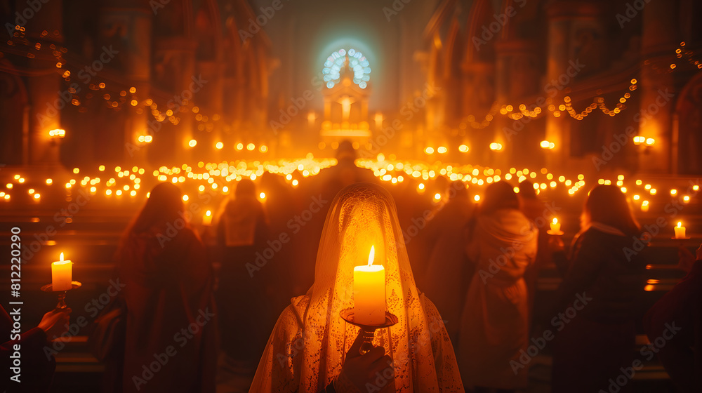 Solemn candlelight procession in church during evening mass. Ethereal ...