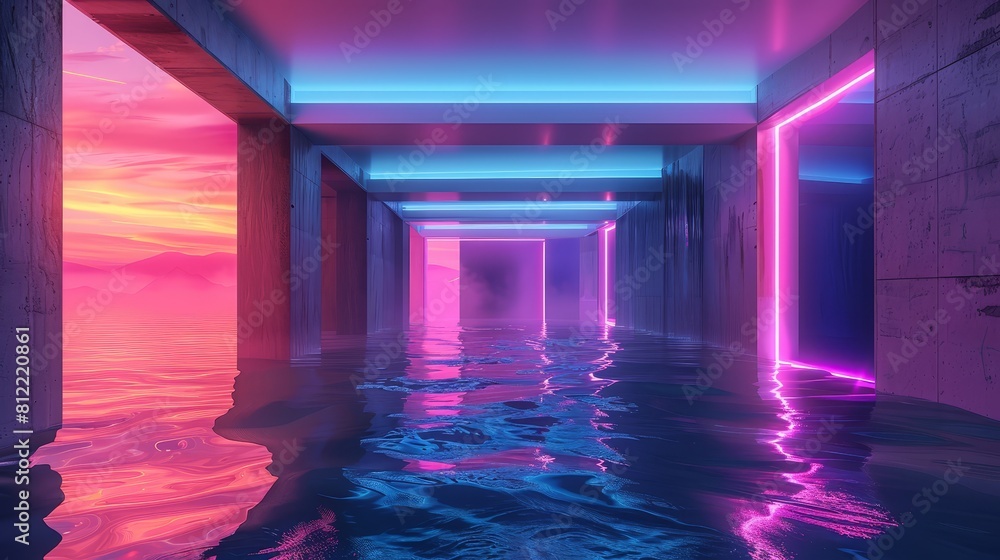 Virtual neon flat design side view VR environment theme water color ...