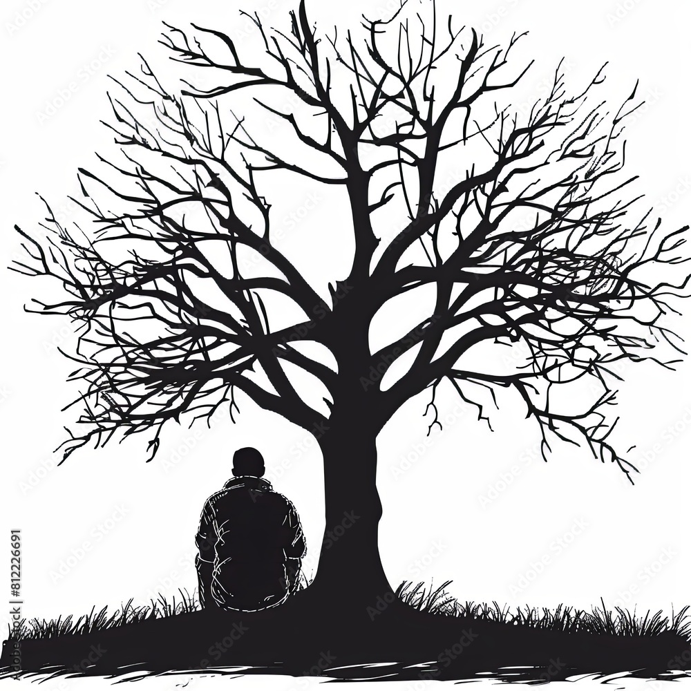 A sad and lonely man sits pensively under a tree. Man thinks about a problem. Time for ...