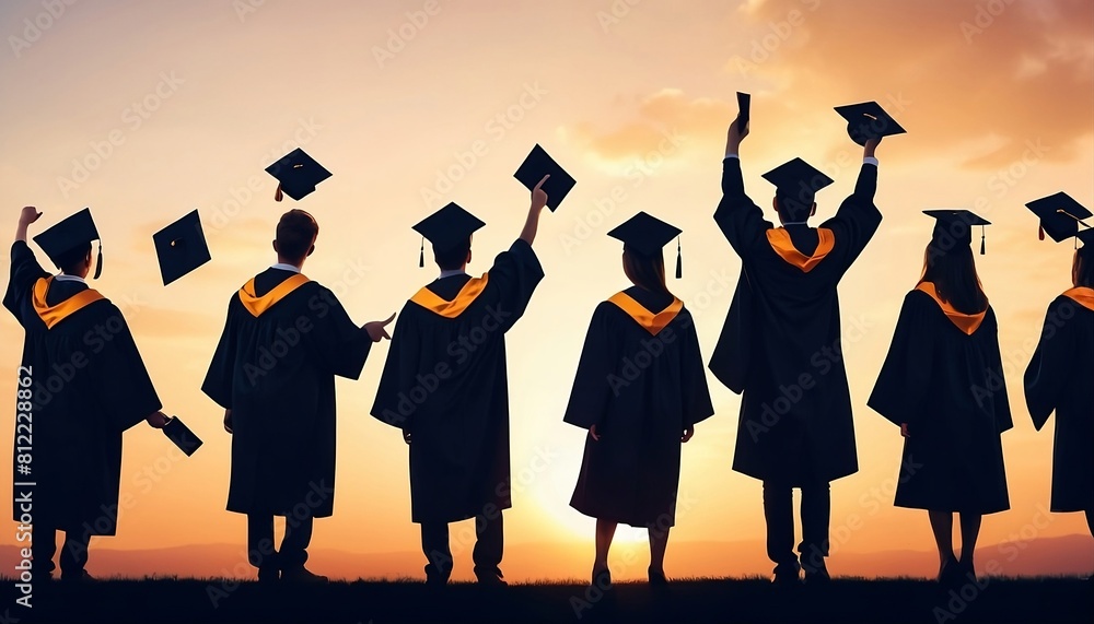 Silhouettes of students with graduate caps in a row on panoramic sunset ...
