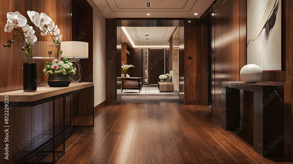 Inviting elegance Step into a modern wooden hallway where comfort meets ...