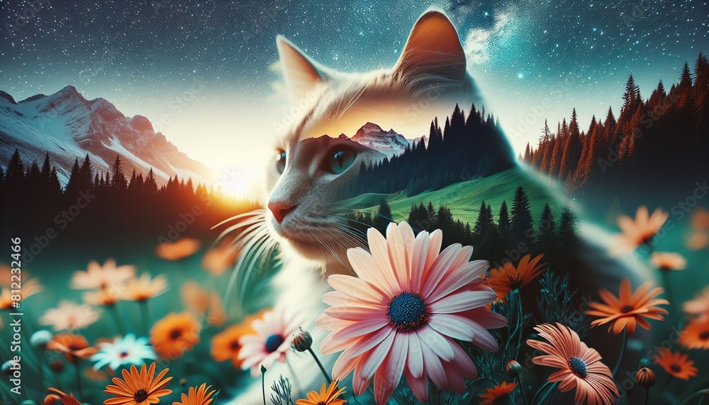 Double Exposure: Cat, Mountains and Flowers Under Starry Sky. striking ...