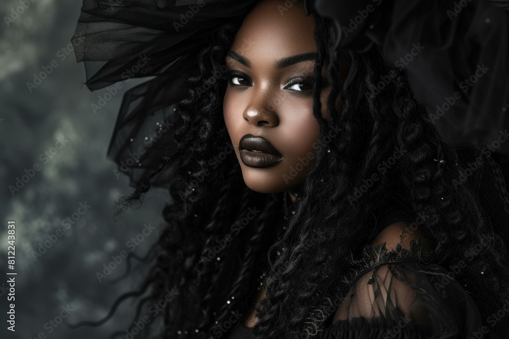 Mysterious Black gothic woman. Model lady with black hair looking away ...