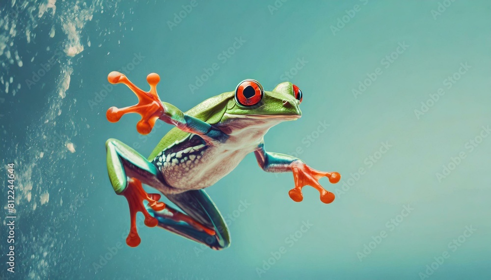 red eyed tree frog jumping in the air on soft blue background Stock ...