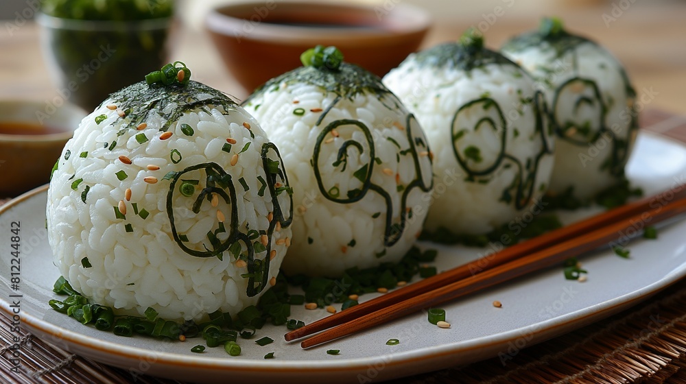 Whimsical elephant-shaped rice balls, adorned with nori details and ...