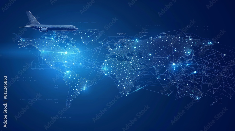 A world map with flying airplane routes on a blue background - An ...
