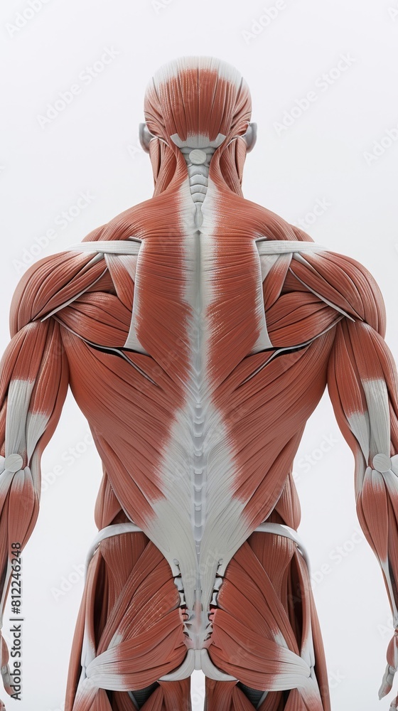 3D realistic illustration of the back muscular system on a white ...